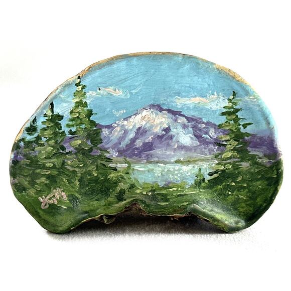 Handmade | Art | Vintage Hand Painted Wood Knot Landscape Mountain ...
